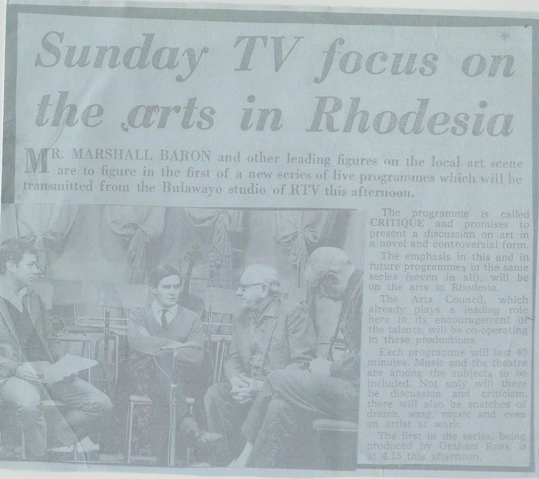 Sunday TV focus in the arts in Rhodesia – Marshall Baron